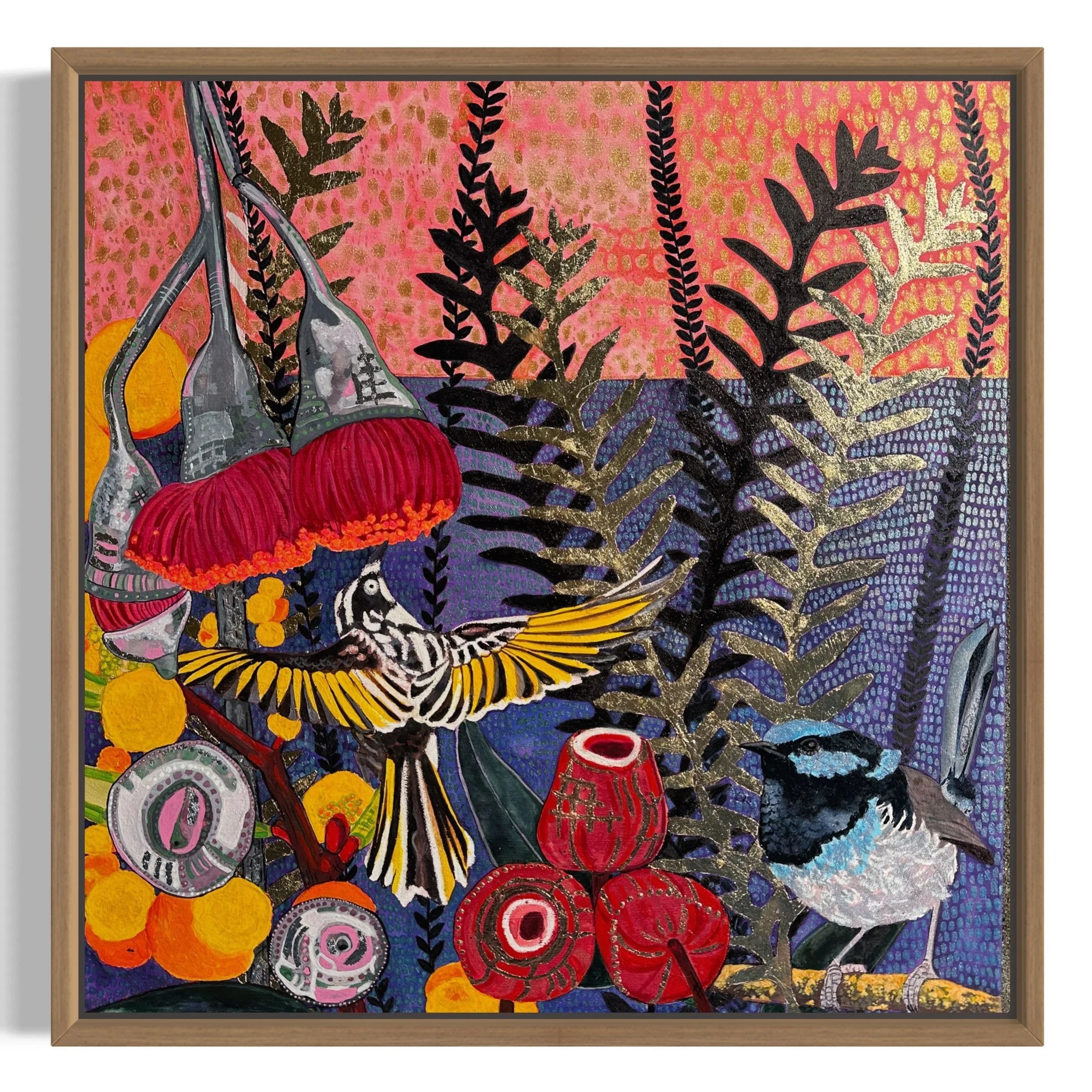 Mr Honey with Mr Blue with gumnuts and golden wattle – Aspire Gallery